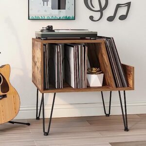 tohomeor vinyl record player stand turntable stand lps album storage cabinet wooden sofa end table media audio video turntables stand nightstand for bedroom living room office (rustic brown)