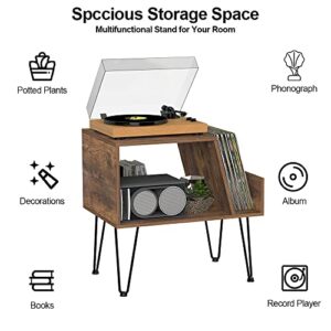 Tohomeor Vinyl Record Player Stand Turntable Stand LPs Album Storage Cabinet Wooden Sofa End Table Media Audio Video Turntables Stand Nightstand for Bedroom Living Room Office (Rustic Brown)