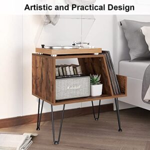 Tohomeor Vinyl Record Player Stand Turntable Stand LPs Album Storage Cabinet Wooden Sofa End Table Media Audio Video Turntables Stand Nightstand for Bedroom Living Room Office (Rustic Brown)