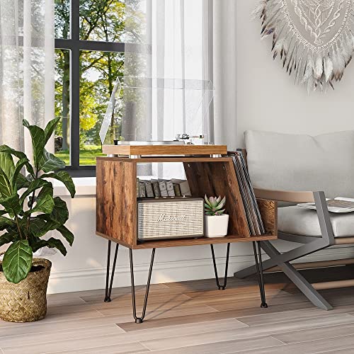 Tohomeor Vinyl Record Player Stand Turntable Stand LPs Album Storage Cabinet Wooden Sofa End Table Media Audio Video Turntables Stand Nightstand for Bedroom Living Room Office (Rustic Brown)