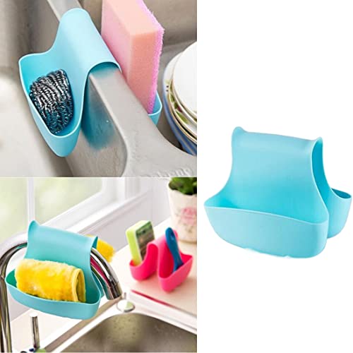 UQUABESO 2 Pack Kitchen Saddle Silicone Sink Caddy with Drain, Hanging Sponge Brush Basket Holder Soap Organizer Storage (Blue, Pink)