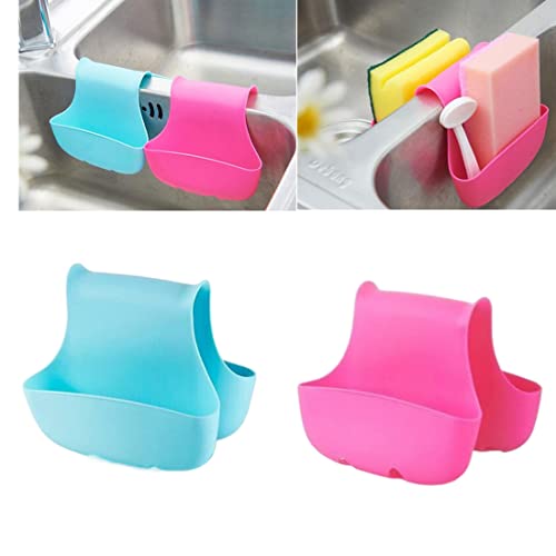 UQUABESO 2 Pack Kitchen Saddle Silicone Sink Caddy with Drain, Hanging Sponge Brush Basket Holder Soap Organizer Storage (Blue, Pink)