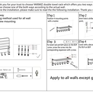 Yariwiz Matte Black Towel Rack Wall Mounted No Drill and Screw Mounting, Bathroom Bath Shower 22.5 inch Double Towel Rod with Shelf Hotel