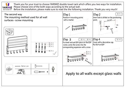 Yariwiz Matte Black Towel Rack Wall Mounted No Drill and Screw Mounting, Bathroom Bath Shower 22.5 inch Double Towel Rod with Shelf Hotel