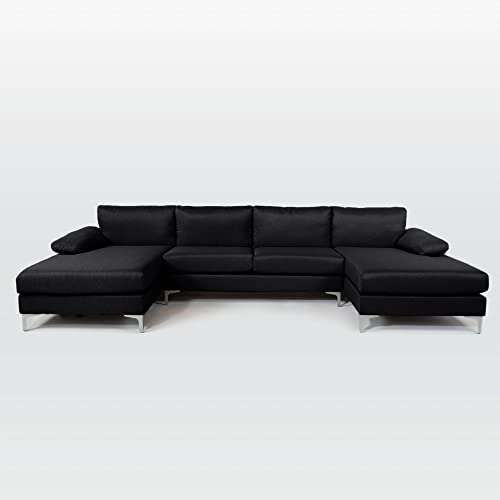 Casa Andrea Milano Modern Large Linen Fabric U-Shape Sectional Sofa, Double Extra Wide Chaise Lounge Couch, Black