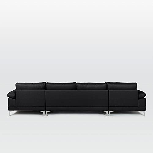 Casa Andrea Milano Modern Large Linen Fabric U-Shape Sectional Sofa, Double Extra Wide Chaise Lounge Couch, Black