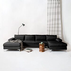 Casa Andrea Milano Modern Large Linen Fabric U-Shape Sectional Sofa, Double Extra Wide Chaise Lounge Couch, Black