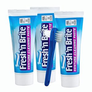 fresh 'n brite denture cleaning paste for dentures, removable partial dentures, retainers, mouthguards, nightguards, fast stain removal, pack of 3, 3.8 oz tubes with denture cleaning brush