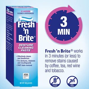 Fresh 'n Brite Denture Cleaning Paste for Dentures, Removable Partial Dentures, Retainers, Mouthguards, Nightguards, Fast Stain Removal, Pack of 3, 3.8 oz Tubes with Denture Cleaning Brush