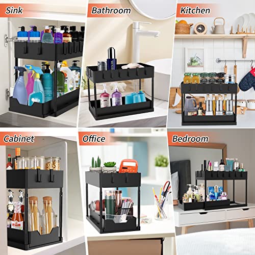 NautDuty Under Sink Organizer, Height Adjustable Under Sink Organizers And Storage, Sliding Under Bathroom Cabinet Storage Drawer Organizer with 8 Hooks, Dividers for Kitchen Bathroom Cabinet