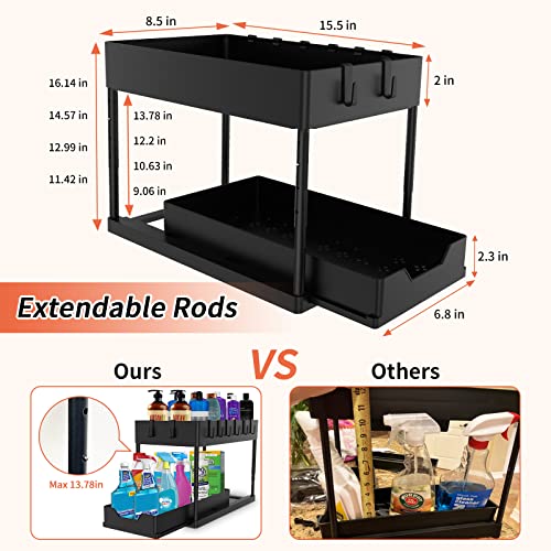 NautDuty Under Sink Organizer, Height Adjustable Under Sink Organizers And Storage, Sliding Under Bathroom Cabinet Storage Drawer Organizer with 8 Hooks, Dividers for Kitchen Bathroom Cabinet