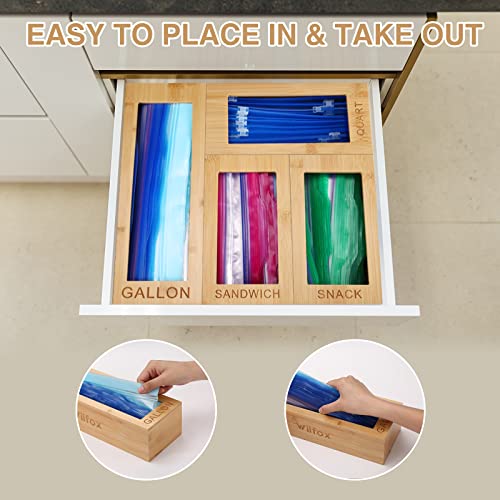 Wilfox Ziplock Bag Organizer for Drawer, Bamboo Baggie Organizer, Plastic Storage Bag Organizer Suitable for Gallon, Quart, Snack and Sandwich Bag Organizer Compatible with Ziploc (C165)