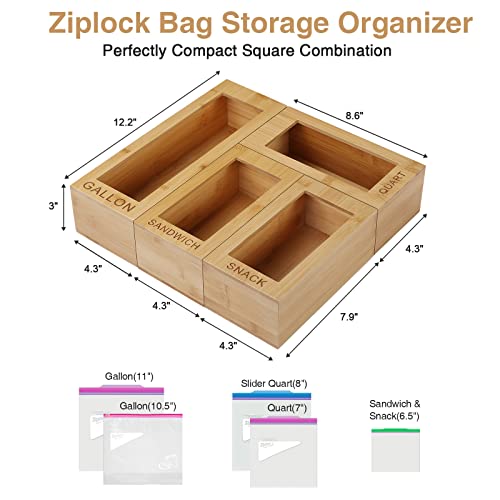 Wilfox Ziplock Bag Organizer for Drawer, Bamboo Baggie Organizer, Plastic Storage Bag Organizer Suitable for Gallon, Quart, Snack and Sandwich Bag Organizer Compatible with Ziploc (C165)