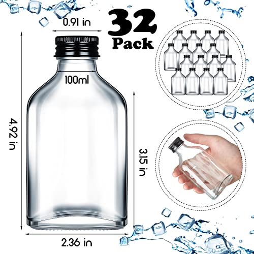 Mini Liquor Bottles Reusable Glass Flask Bottles with Black Caps Clear Empty Alcohol Shot Bottles Small Champagne Bottles DIY Gift for Halloween Birthday Weddings Party Favors (32 Pcs,100 ml)