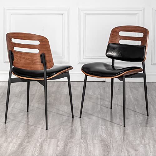 LUNLING Mid Century Modern Dining Chairs, Black Leather Upholstered Kitchen & Dining Room Chairs,Modern Accent Desk Chairs Set of 2,Metal Legs,Adjustable Foots