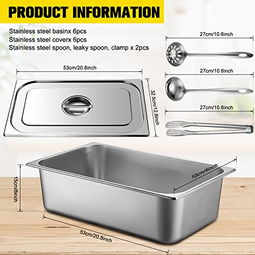 6 Pack Hotel Pan with Lids Set 20.8"L x 12.8"W 22 Gauge Full Size Anti Steam Table Pan 0.8 mm Thick 304 Stainless Steel Hotel Pans for Restaurant Kitchen Food Warmer Cooking Heat (6 Inch)