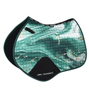 weatherbeeta prime marble shimmer jump shaped saddle pad, green/gold swirl marble print, full