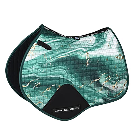 Weatherbeeta Prime Marble Shimmer Jump Shaped Saddle Pad, Green/Gold Swirl Marble Print, Full