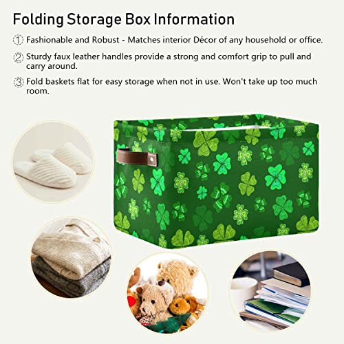 Happy St. Patrick's Day Accessories Storage Basket Fabric Laundry Baskets Green Clover Shamrock Lucky Storage Boxes Organizer Bag for Cloth Toy Book Storage Cubes Shelf Closet Bins 16×12×8 Inches