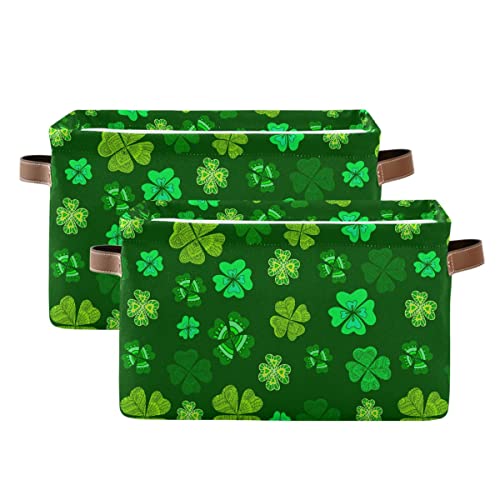 Happy St. Patrick's Day Accessories Storage Basket Fabric Laundry Baskets Green Clover Shamrock Lucky Storage Boxes Organizer Bag for Cloth Toy Book Storage Cubes Shelf Closet Bins 16×12×8 Inches