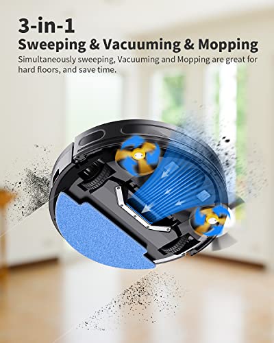 Robot Vacuum and Mop Combo, 3 in 1 Robotic Vacuum Cleaner with Watertank/Dustbin/Brush, Self-Charging, schedule cleaning, anti-blocked by hair, Remote/App/Alexa, Ideal for Hard Floor/Pet Hair/Carpet