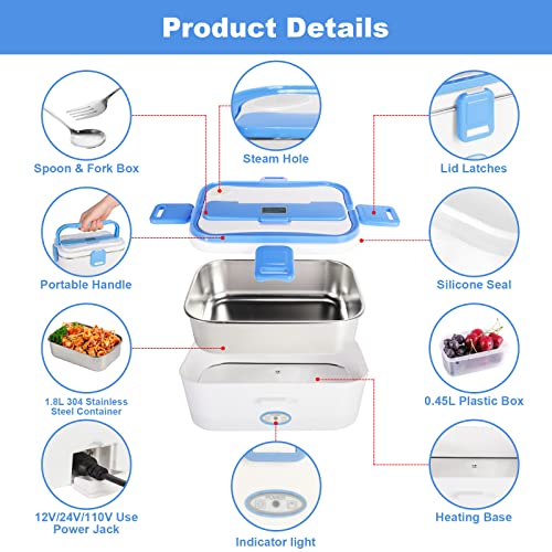 Electric Lunch Box Food Heater, 3 in 1 12V 24V 110V Leakproof Heated Lunch Boxes for Adults, Portable Food Warmer for Car/Truck/Work, Self Heating Lunch Box with 1.8L 304 Stainless Steel Container