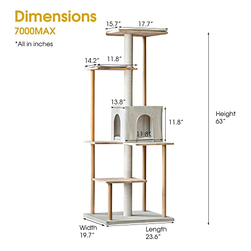 MWPO Modern Cat Tree - 63-Inch Luxury Wood Cat Tower for Indoor Cats, Large Perches with Soft Cushions, Cat Condo for Large Cats with Scratching Posts - Beige