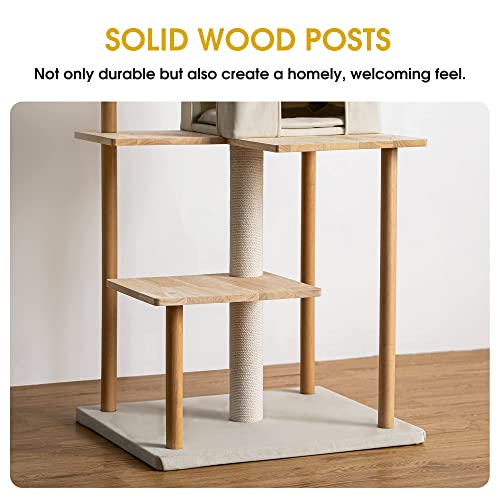 MWPO Modern Cat Tree - 63-Inch Luxury Wood Cat Tower for Indoor Cats, Large Perches with Soft Cushions, Cat Condo for Large Cats with Scratching Posts - Beige