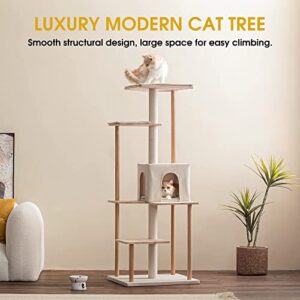 MWPO Modern Cat Tree - 63-Inch Luxury Wood Cat Tower for Indoor Cats, Large Perches with Soft Cushions, Cat Condo for Large Cats with Scratching Posts - Beige