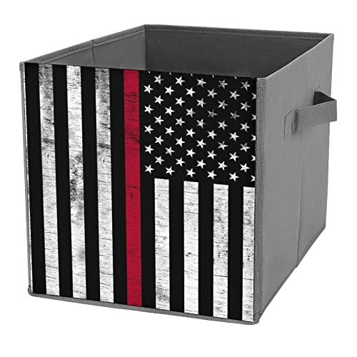 US Firefighter Support Flag Storage Bins Cubes Foldable Fabric Organizers with Handles Clothes Bag Book Box Toys Basket for Shelves Closet 10.6"