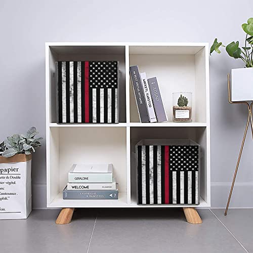 US Firefighter Support Flag Storage Bins Cubes Foldable Fabric Organizers with Handles Clothes Bag Book Box Toys Basket for Shelves Closet 10.6"