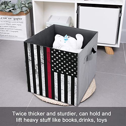 US Firefighter Support Flag Storage Bins Cubes Foldable Fabric Organizers with Handles Clothes Bag Book Box Toys Basket for Shelves Closet 10.6"