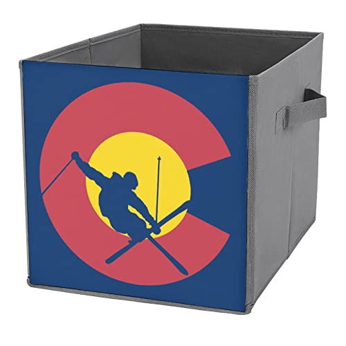 Colorado Flag Skiing Ski Storage Bins Cubes Foldable Fabric Organizers with Handles Clothes Bag Book Box Toys Basket for Shelves Closet 10.6"