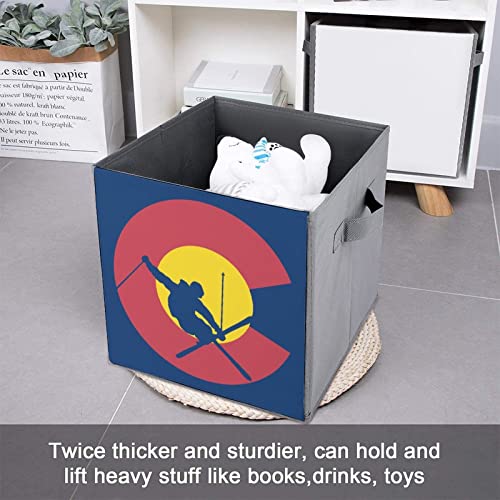 Colorado Flag Skiing Ski Storage Bins Cubes Foldable Fabric Organizers with Handles Clothes Bag Book Box Toys Basket for Shelves Closet 10.6"