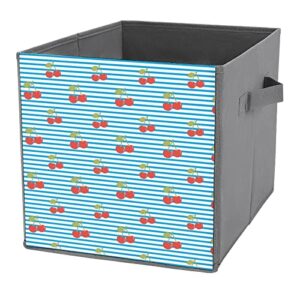 cherries pattern with blue stripes storage bins cubes foldable fabric organizers with handles clothes bag book box toys basket for shelves closet 10.6"