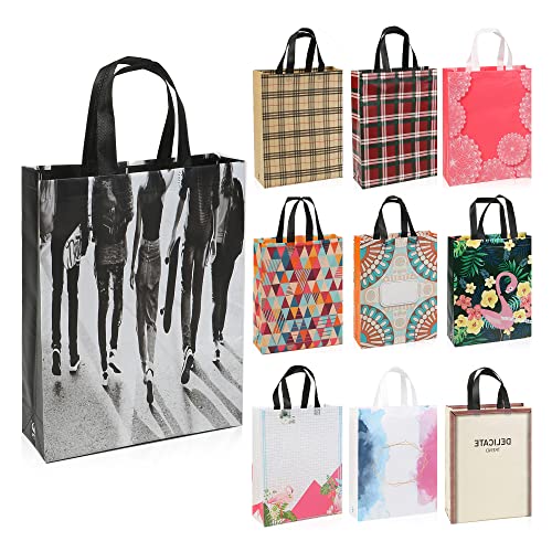 Reusable Gift Bags Set of 10 Different Patterns, Laminated Bags, Waterproof Daily Shopping Bags with handles, Portable Grocery Bags for Shopping, Food, Trips, Picnics, Party Favor, Father's Day