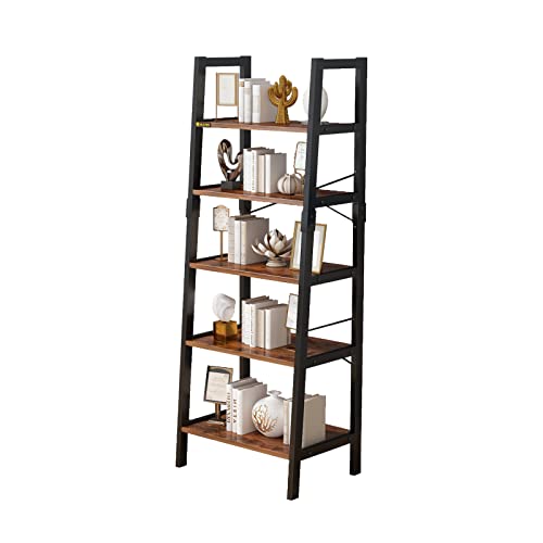 YQ JENMW 5-Tier Bookshelf, Industrial Bookcase and Storage Rack, Wood Look Accent Furniture with Metal Frame Ladder Shelf 13 x 24.8 x 68.9 Inches, for Living Room, Home Office, Kitchen, Bedroom