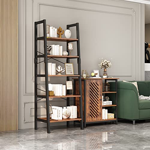 YQ JENMW 5-Tier Bookshelf, Industrial Bookcase and Storage Rack, Wood Look Accent Furniture with Metal Frame Ladder Shelf 13 x 24.8 x 68.9 Inches, for Living Room, Home Office, Kitchen, Bedroom