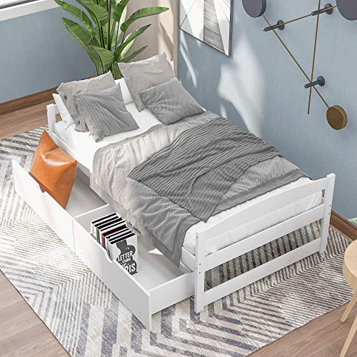 Lifeand Twin Size Daybed with 2 Drawers,Wood Storage Platform Bed for Kids Teens and Adults,No Box Spring Needed,White