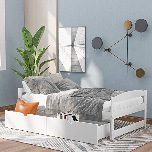 Lifeand Twin Size Daybed with 2 Drawers,Wood Storage Platform Bed for Kids Teens and Adults,No Box Spring Needed,White