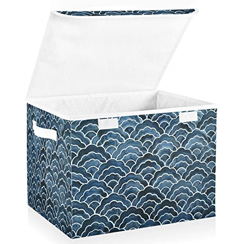 Vnurnrn Collapsible Storage Bins with Lids, Japanese Style Wave Foldable Storage Boxes, Storage Box Cube with Lid for Clothes,Bedroom,Toys,16.5x12.6x11.8 Inch