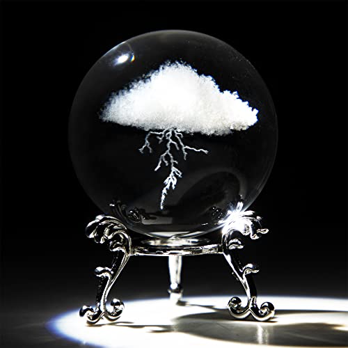 HDCRYSTALGIFTS 3D Lightning Cloud Crystal Decorative Ball Paperweight with Free Stand,60mm (2.3inch) Glass Art Engraving Sphere for Home Feng Shui Decoration Ornaments