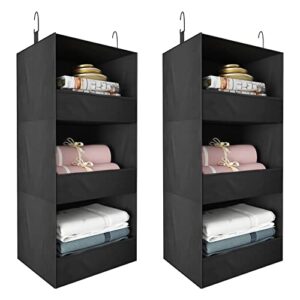 aikebhc 2 pack hanging closet organizers and storage, 3-shelf hanging storage, collapsible wardrobe storage organizer for bedroom bathroom storage room rv camper, black