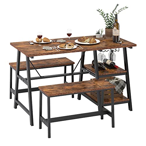 Wellynap Dining Table Set 3 Piece Kitchen Table Set, 47.2” Breakfast Table Set with 2 Benches, Lunch Table with Wine Rack and Glass Holder for Kitchen, Retro