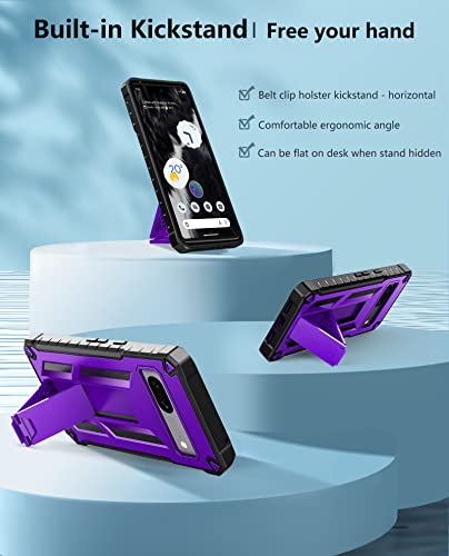 FNTCASE for Google Pixel 7 Case: Built-in Screen Protector & Kickstand | Full-Body Dual Layer Rugged Heavy Duty Protection | Military Shockproof Cell Phone Protective Cover 5G - Purple