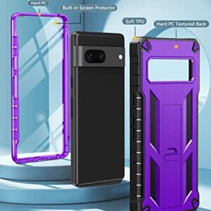 FNTCASE for Google Pixel 7 Case: Built-in Screen Protector & Kickstand | Full-Body Dual Layer Rugged Heavy Duty Protection | Military Shockproof Cell Phone Protective Cover 5G - Purple