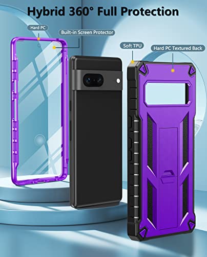 FNTCASE for Google Pixel 7 Case: Built-in Screen Protector & Kickstand | Full-Body Dual Layer Rugged Heavy Duty Protection | Military Shockproof Cell Phone Protective Cover 5G - Purple