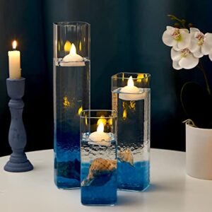 Glass Square Vase 11.4 Inch Floating Candle Vase for Centerpieces Square Floating Candle Holder 6 Pcs Flameless Floating Tealights Vase Filler Gel Beads for Wedding Home Decoration (3 Pcs)