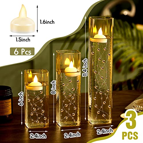 Glass Square Vase 11.4 Inch Floating Candle Vase for Centerpieces Square Floating Candle Holder 6 Pcs Flameless Floating Tealights Vase Filler Gel Beads for Wedding Home Decoration (3 Pcs)