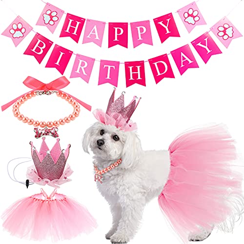 Pinkunn 4 Pieces Cute Dog Birthday Outfit with Pet Tutu Skirt Puppy Pearl Necklace Dog Crown Hat and Banner for Happy Birthday Gift Puppy Dog Pet Cat Birthday Party Supplies (Pink)